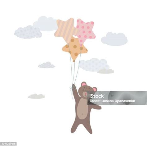 귀여운 곰 새끼가 풍선에 날아갑니다 구름 사이에 갈색 곰 풍선과 비행선 어린이 일러스트레이션 귀여운 프린트 벡터 흰색 배경에