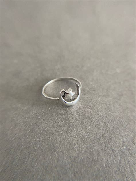 Silver Crecent Moon And Star Ring Sterling Silver Etsy