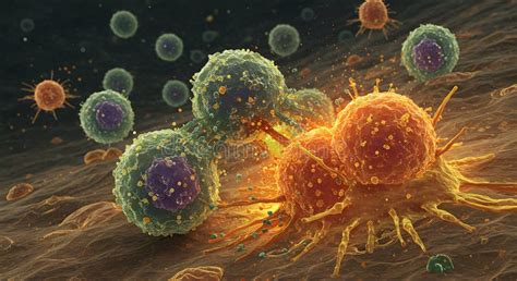 Microscopic Battle Immune Cells Attacking Cancer Cells In Vivid Detail