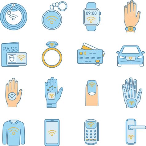 Nfc Technology Color Icons Set Blue Circuit Microchip Vector Blue