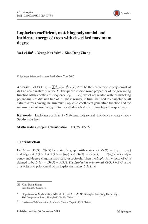 Pdf Laplacian Coefficient Matching Polynomial And Incidence Energy Of Trees With Described