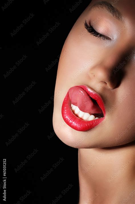 Carnality Lust Woman Licking Her Red Sexy Lips Passion Stock Foto