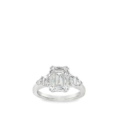 Platinum Emerald Cut Cultured Diamond Ring With Cultured Trillion And Tr