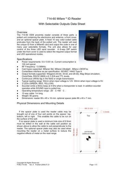 714 60 Mifare Â® Id Reader With Selectable Outputs Data Sheet
