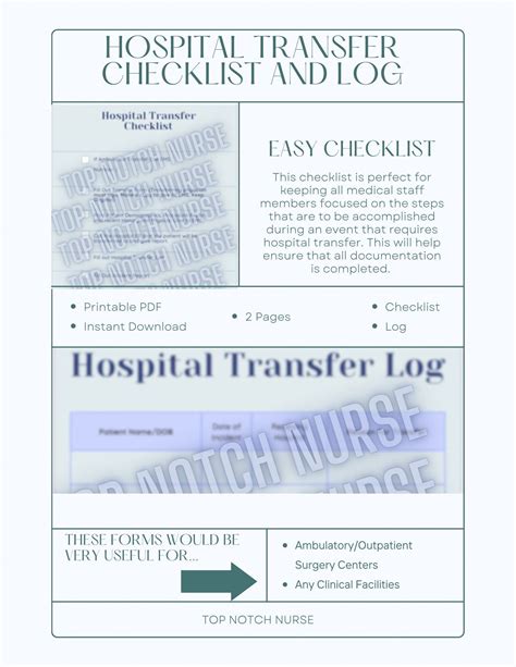 Hospital Transfer Checklist And Log Digital Download 2 Pages