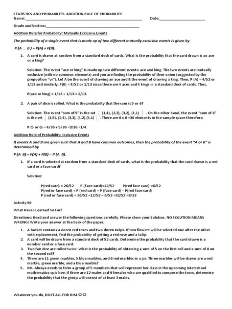 Addition Rule Of Probability Pdf Probability Probability And