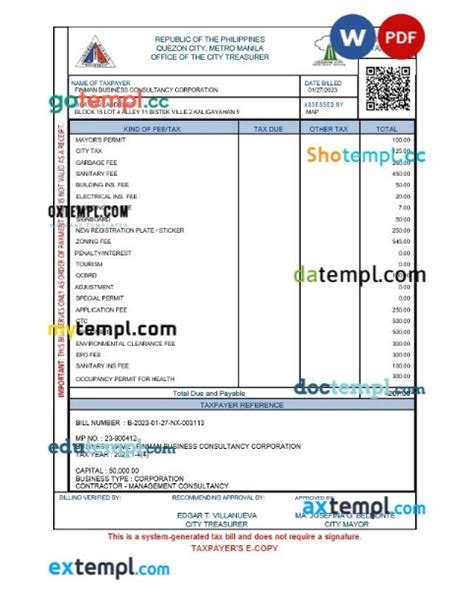 Philippines Business Tax Bill Editable Template In Word And Pdf Formats