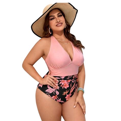Edendivas Swim Vcay Plus Floral Print Ruched Halter One Piece Swimsuit