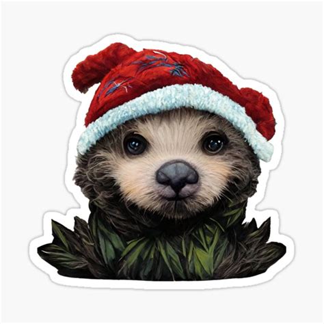 Cute Sloth Cub Wearing A Christmas Cap Sticker For Sale By Zayar
