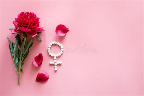Sex Venus Symbole Fait De Pilules Et De Fleur De Pivoine Sur Fond Rose