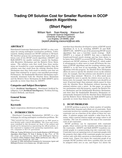 pdf trading off solution cost for smaller runtime in dcop search