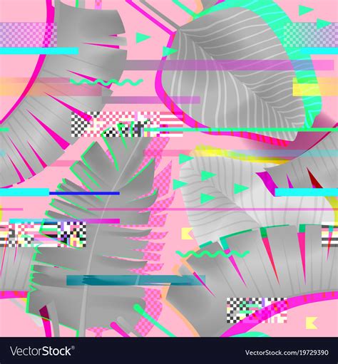 Glitch Effect Seamless Pattern Tropical Elements Vector Image