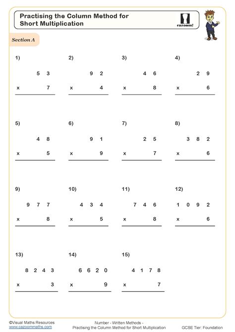 Practising The Column Method For Short Multiplication Worksheet Printable Maths Worksheets