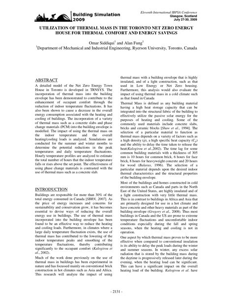 Pdf Utilization Of Thermal Mass In The Toronto Net Zero Energy House