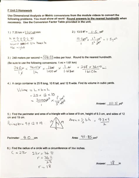 Unit 3 Mat Homework Mat 1205 Assignment F Unit 3 Homework Use Dimensional Analysis Or Metric