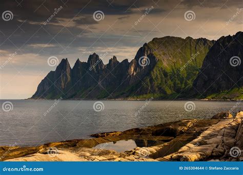 The Tungeneset Devil`s Teeth Mountains Over The Ocean In Senja Island