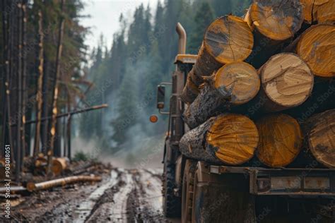 Logging Truck Transporting Harvested Trees In A Dense Partially Cut