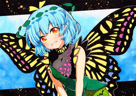 Safebooru 1girl D Bangs Blue Background Blue Hair Butterfly Wings