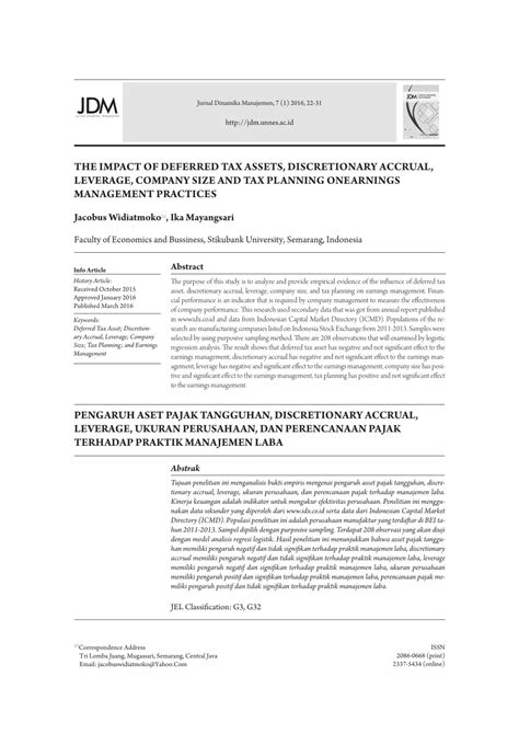 Pdf The Impact Of Deferred Tax Assets Discretionary Accrual