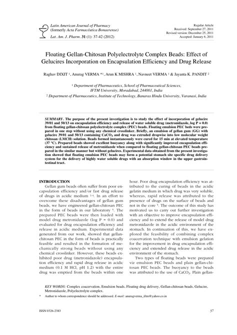 Pdf Floating Gellan Chitosan Polyelectrolyte Complex Beads Effect Of