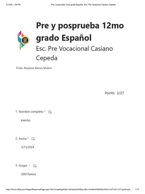 Pre Y Posprueba 12mo Grado Español Esc Pre Vocacional Casiano Cepeda Descargar Gratis Pdf