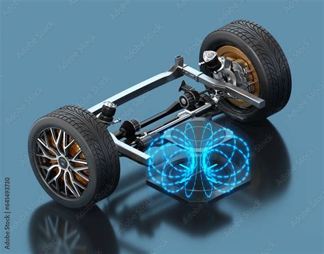 Isometric View Of Electric Vehicle Chassis Equipped With In Wheel Motor Wireless Charging On