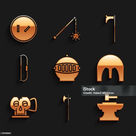 중세 철 헬멧 미늘창 대장간 망치 모루 두개골의 컵 활 도끼 및 둥근 나무 방패 아이콘을 설정합니다 벡터 강철에 대한 스톡 벡터