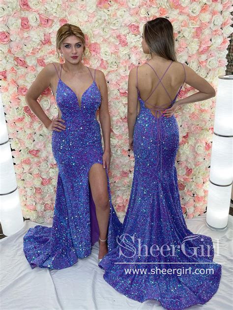 Purple Glitter Spaghetti Strap Sparkly Prom Dresses With Slit Sheath F