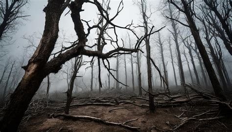 Premium Photo Dark Forest With Dead Trees In Fog Dry Broken Branches