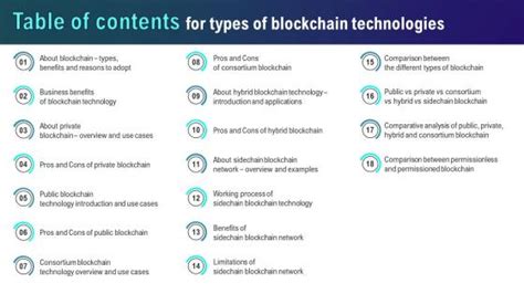 Table Of Contents For Types Of Blockchain Technologies Ppt Powerpoint