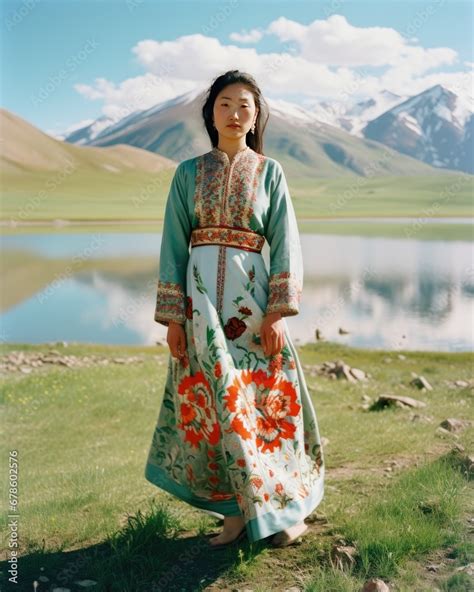 Kyrgyz Woman Wearing National Dress Standing Near Issyk Kul Lake Nature Of Kyrgyzstan Kyrgyz
