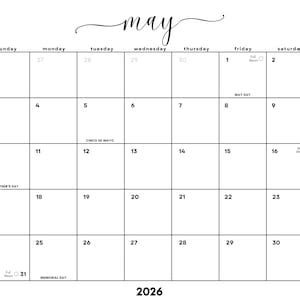 May 2026 Monthly Calendar Minimalist Cursive Landscape Planner