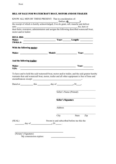 Fillable Bill Of Sale For Watercraft Boat Motor Andor Trailer