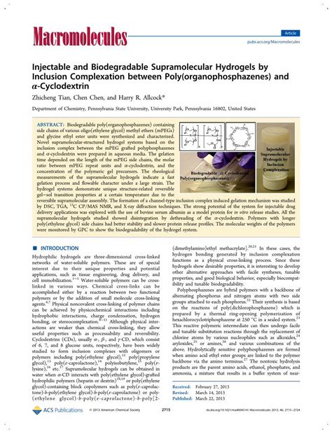 Pdf Injectable And Biodegradable Supramolecular Hydrogels By