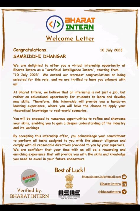 Samriddhi Dhangar On Linkedin Bharatintern Internship