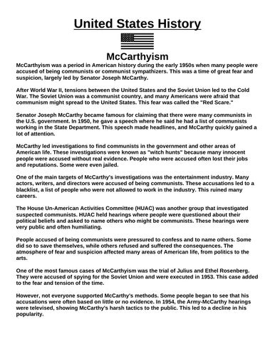 Mccarthyism Article And Questions” Assignment Teaching Resources