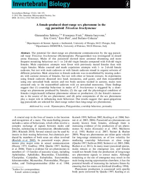 Pdf A Female Produced Short Range Sex Pheromone In The Egg Parasitoid