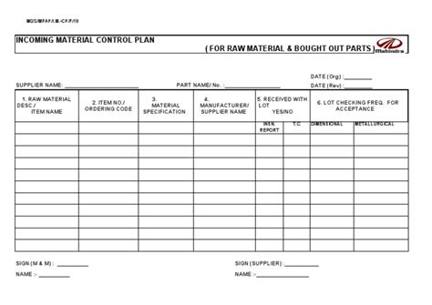 Incoming Material Control Plan Pdf