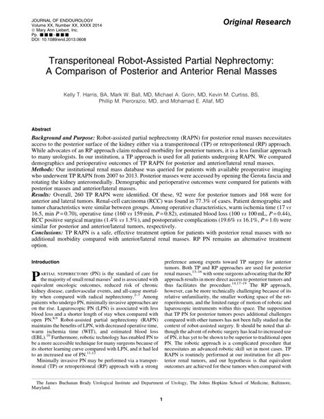 Pdf Transperitoneal Robot Assisted Partial Nephrectomy A Comparison
