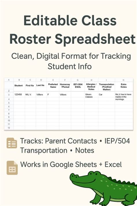 Editable Class Roster Spreadsheet Student Info Organizer For Teachers