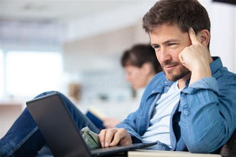Man Smiling Reads Screen Laptop Computer Stock Image Image Of Online Internet