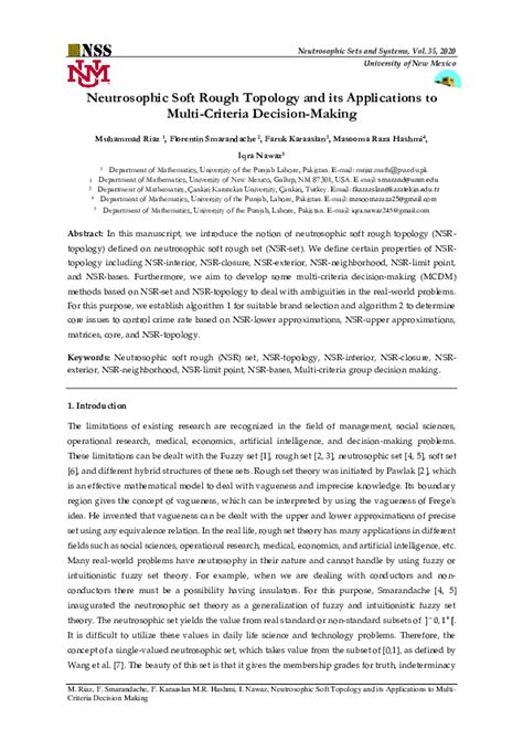 Pdf Neutrosophic Soft Rough Topology And Its Applications To Multi Criteria Decision Making
