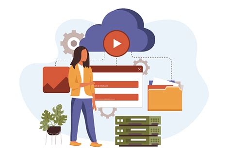 평평한 디자인의 클라우드 컴퓨팅 사람들은 장면의 파일 저장 및 처리 데이터 컬렉션을 업로드합니다 블로깅 웹 사이트 모바일 앱 홍보 자료에 대한 벡터 일러스트레이션 가상현실에