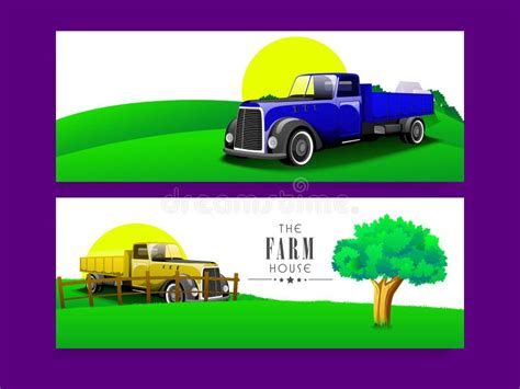 Social Media Banner Or Header Design Set With Pickup Truck On Greenery