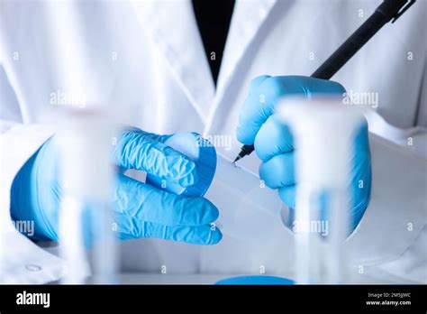 Left Handed Female Scientist Labeling Samples With Blue Gloves And