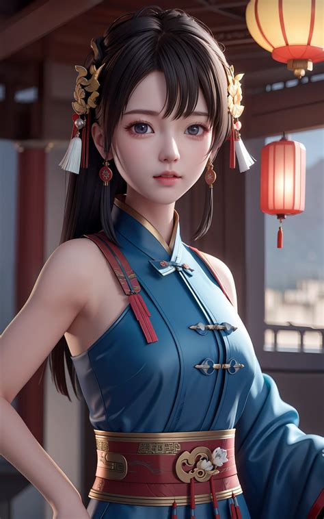 파란 드레스를 입고 붉은 등불을 들고 있는 여자 Seaart Ai