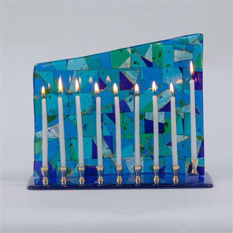 Ready To Ship Blue Mosaic Menorah Art Glass Menorah Judaica