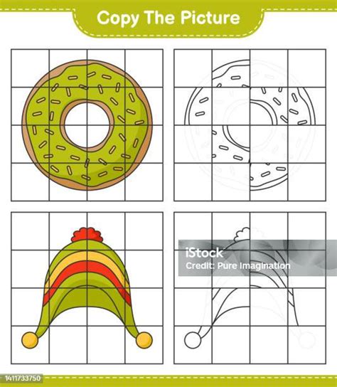 그림을 복사하고 그리드 라인을 사용하여 도넛과 모자의 그림을 복사하십시오 교육 어린이 게임 인쇄 가능한 워크 시트 벡터 일러스트 레이 션 0명에 대한 스톡 벡터 아트 및