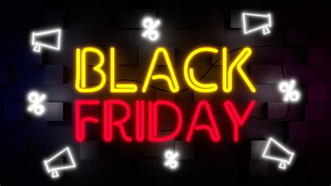 블랙 프라이데이 할인 쇼핑의 날 배너 포스터 또는 전단지 디자인의 네온 사인 광고 웹 소셜 및 아이콘 메가폰을위한 템플릿은 검은 배경에 백분율 아이콘 3d 렌더링 3차원