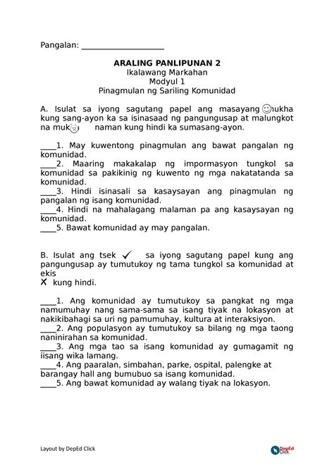 Q2 Activity Sheets Grade 2 Pangalan Araling Panlipunan 2 Ikalawang